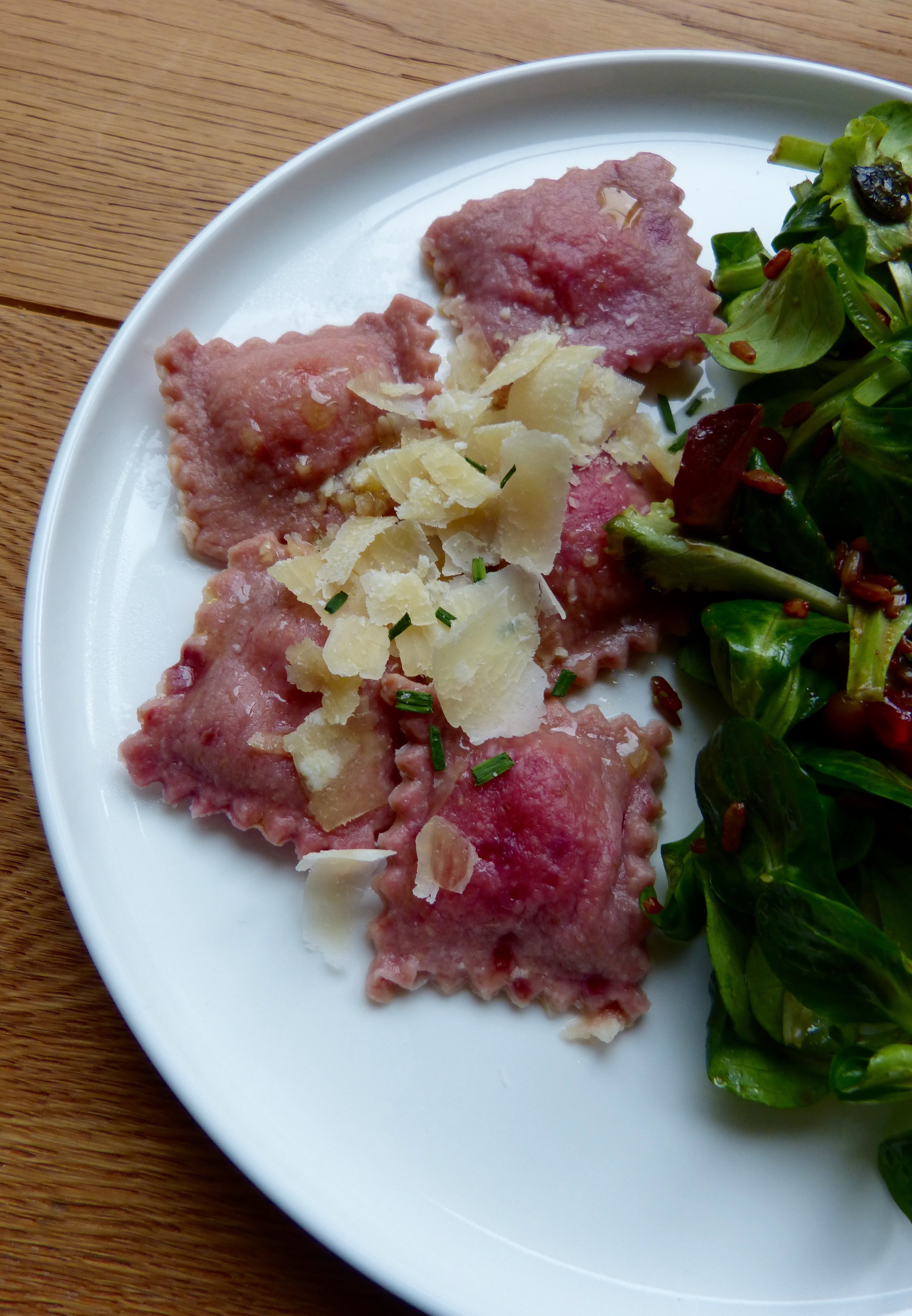 Red Ravioli with Goat Cheese, Chives and beetroot - Un petit Oiseau ...